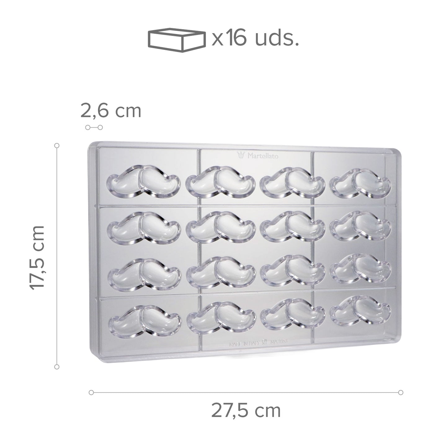 MOLDE DE BIGOTES DE POLICARBONATO - 16 PEÇAS - 275 x 175 x 2